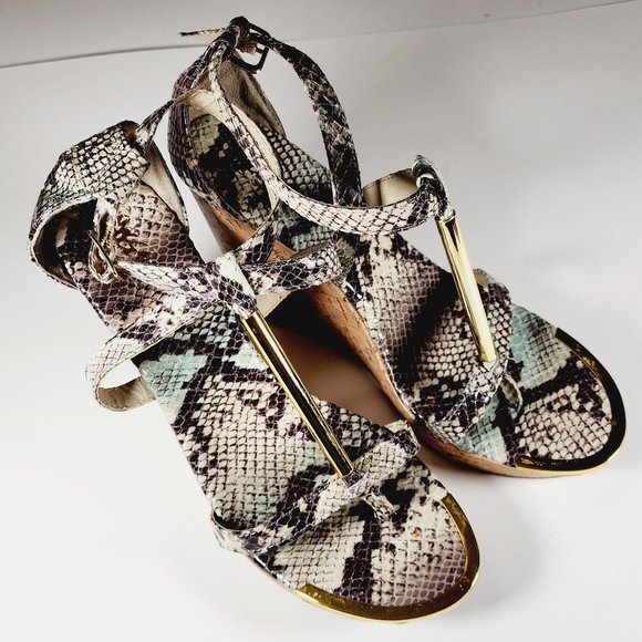 Shoes | Unusual Womans Shoes Cork Wedge Gold Metal Pole And Snake Skin ...